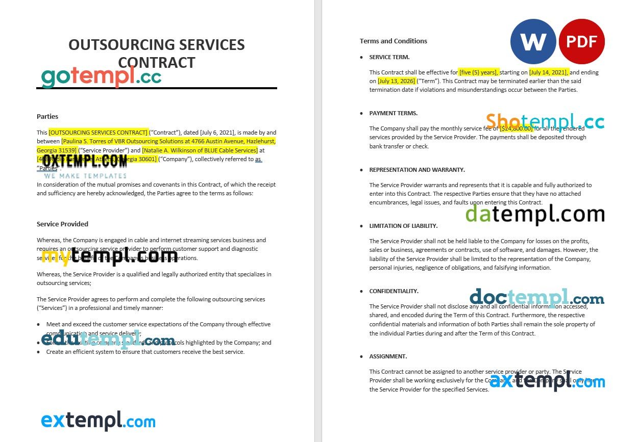 free download outsourcing services contract example, Word and PDF format