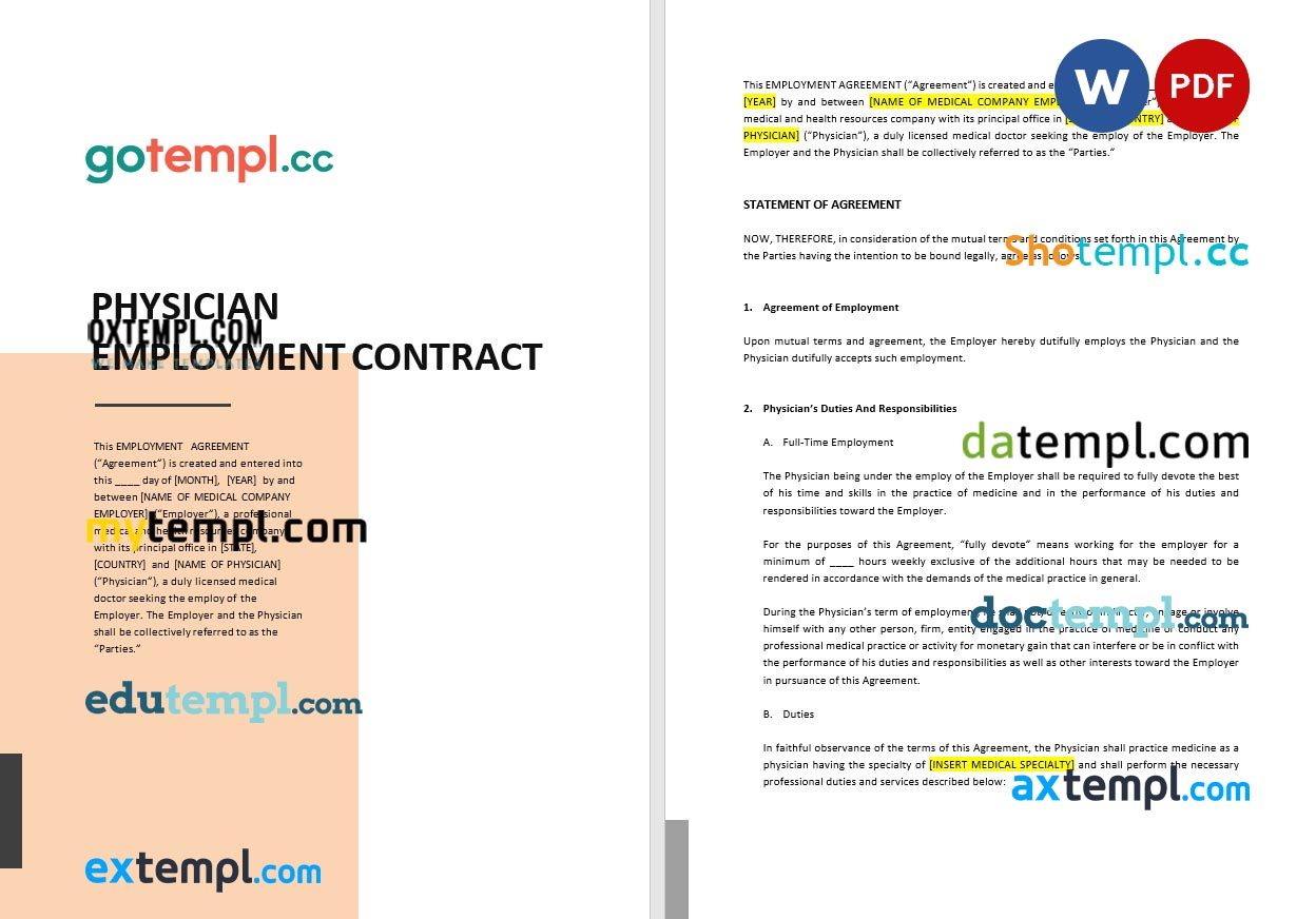 free download physician employment contract example, Word and PDF format