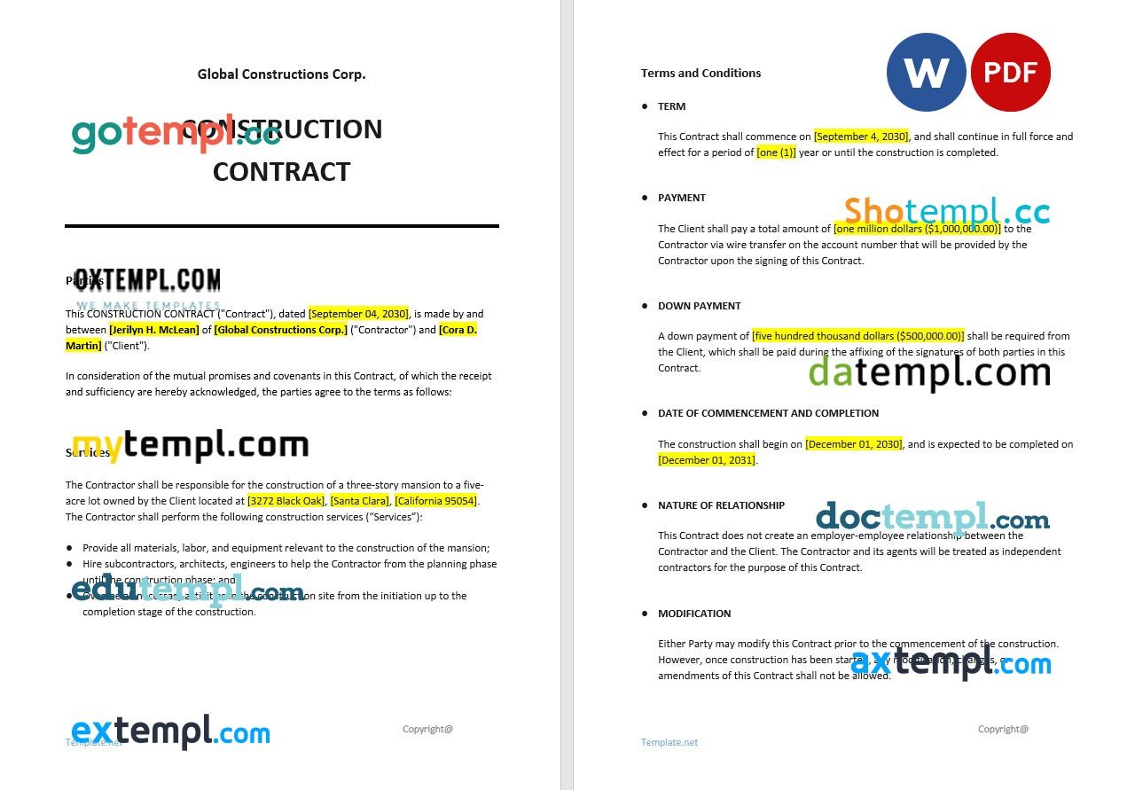 free download printable construction contract example, Word and PDF format