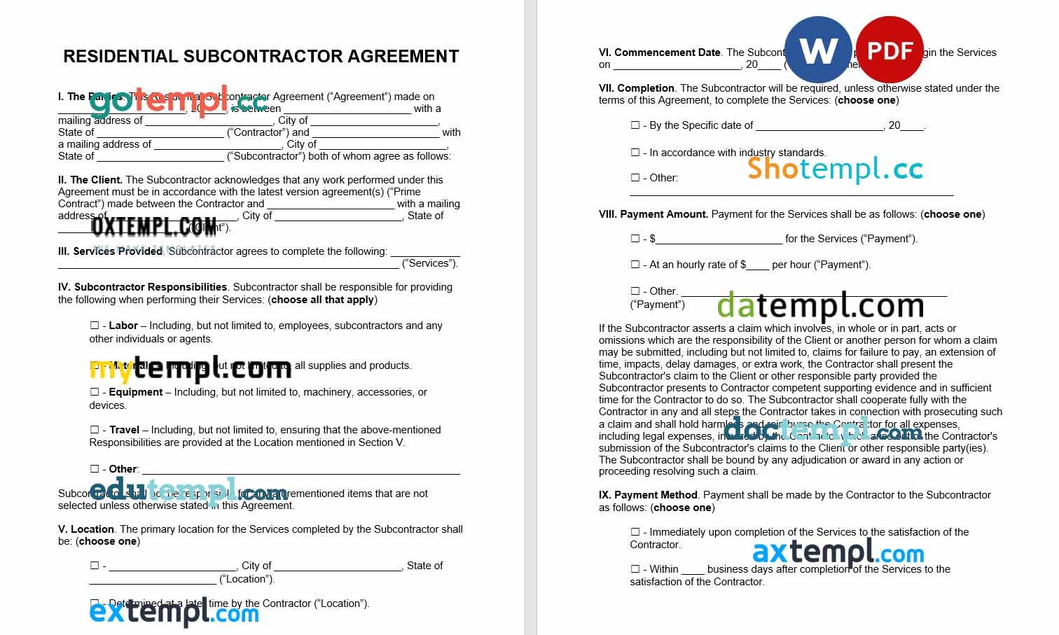 free download residential subcontractor agreement example, Word and PDF ...
