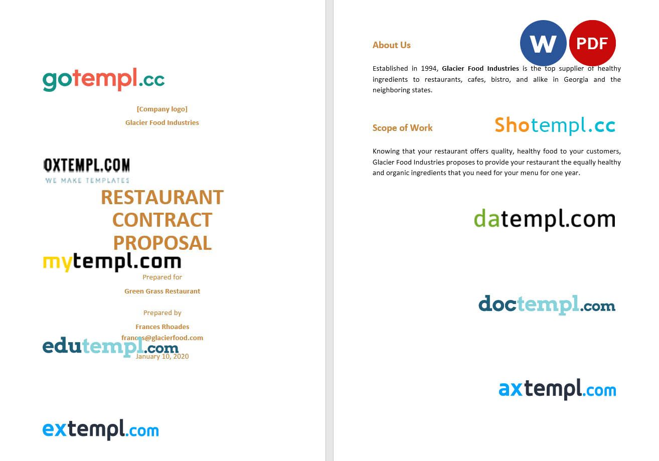 free download restaurant contract proposal example, Word and PDF format