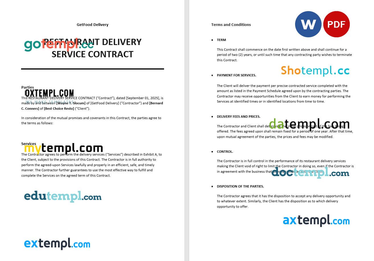 free download restaurant delivery service contract example, Word and ...