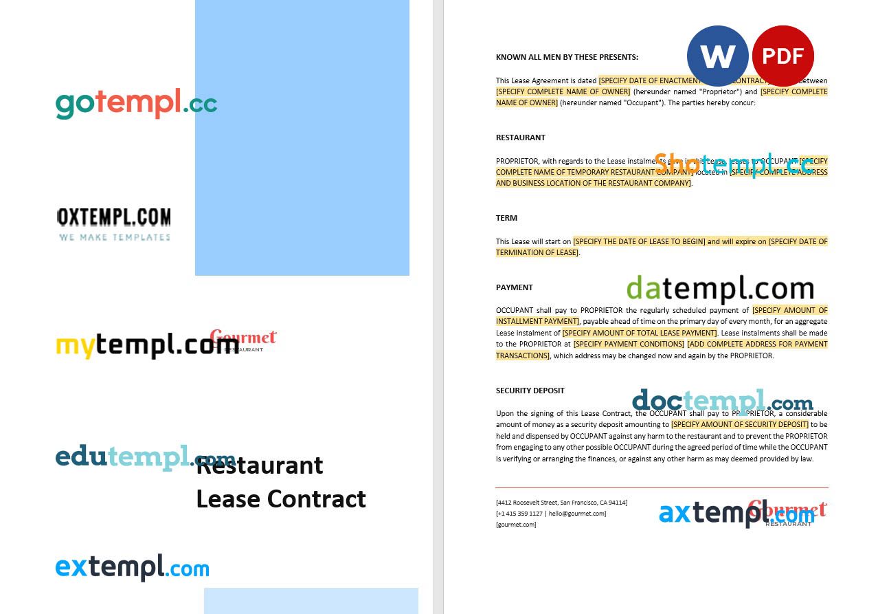 free download restaurant lease contract example, Word and PDF format