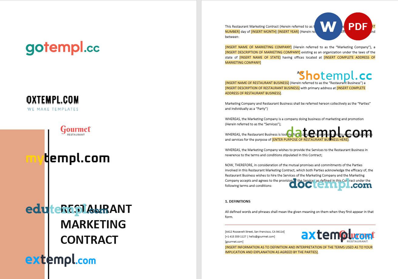 free download restaurant marketing contract example, Word and PDF format