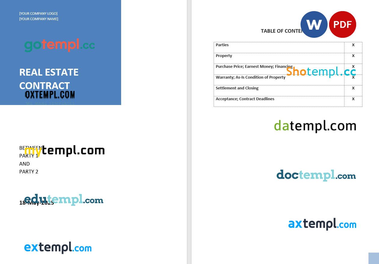 free download sample real estate contract example, Word and PDF format