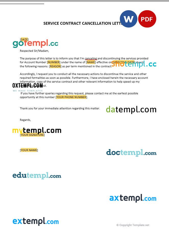 free download service contract cancellation letter example, Word and ...