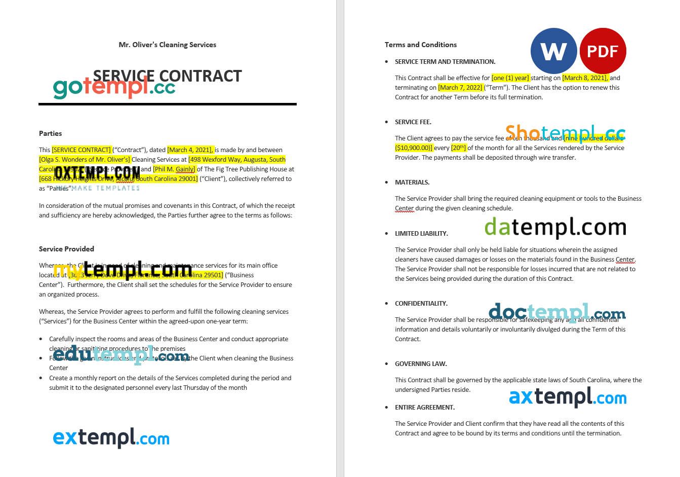 free download Service Contract example, Word and PDF format