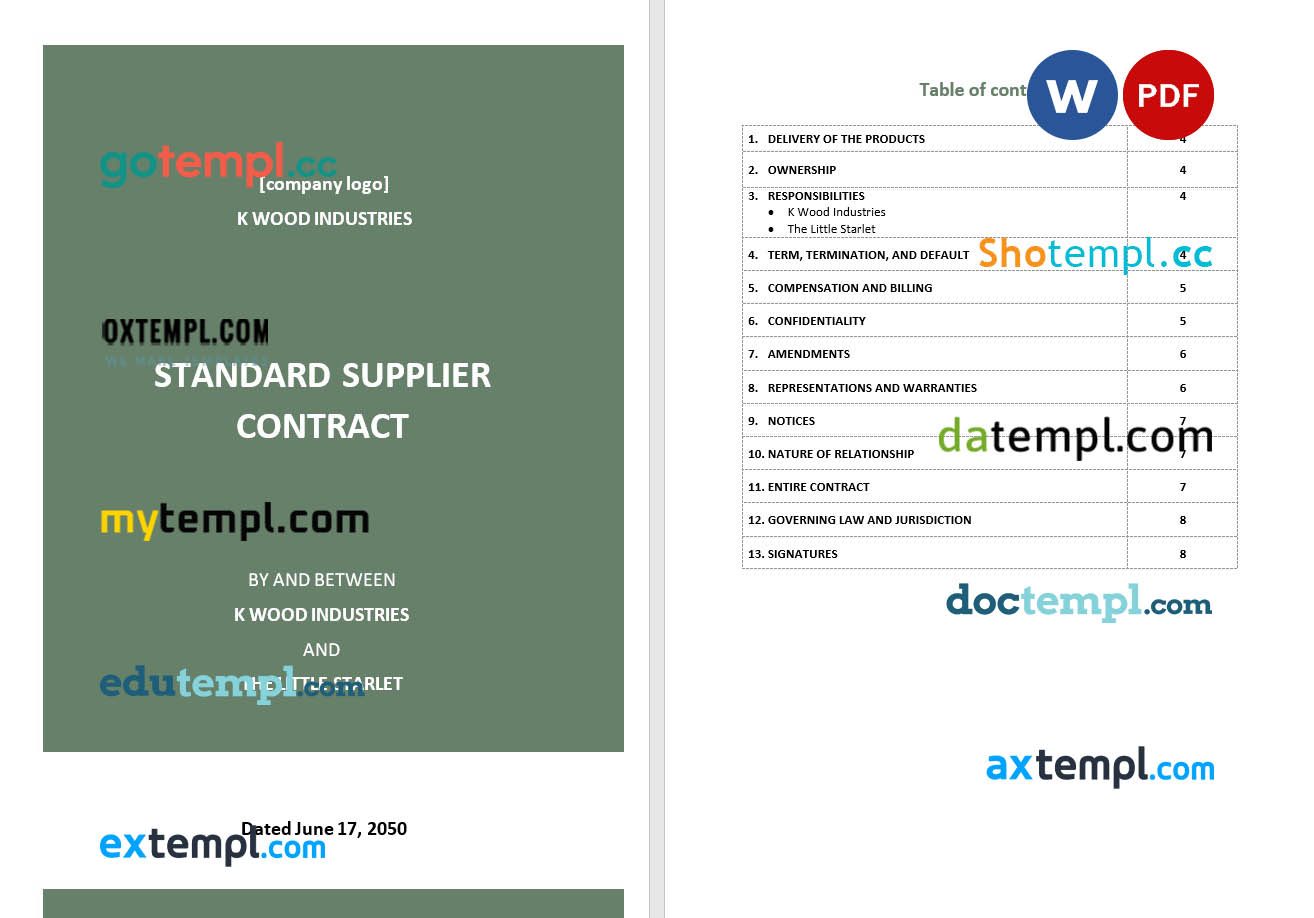 free download standard supplier contract example, Word and PDF format