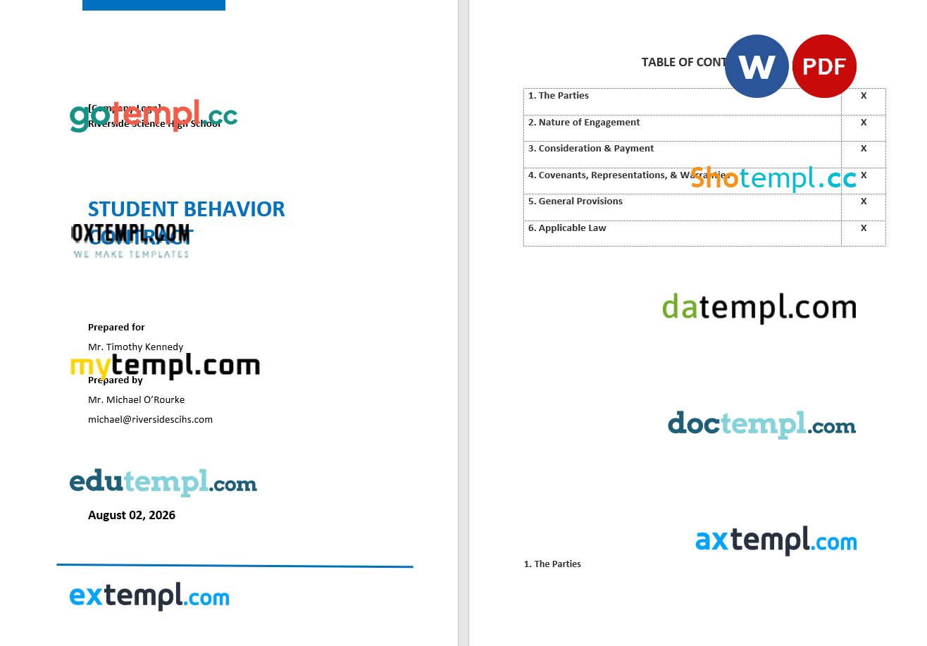 free download student behavior contract example, Word and PDF format