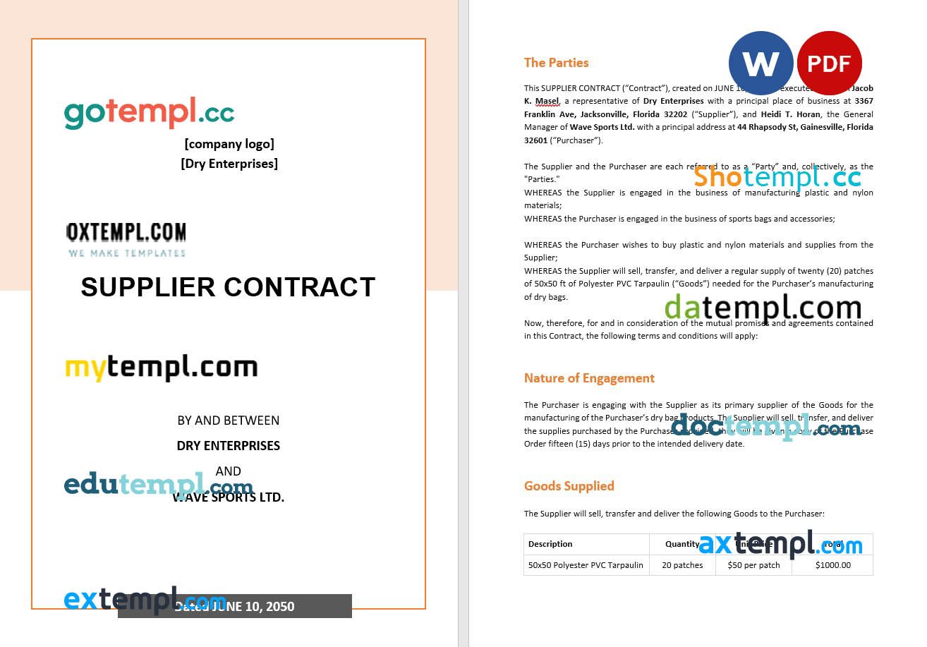 free download supplier contract example, Word and PDF format