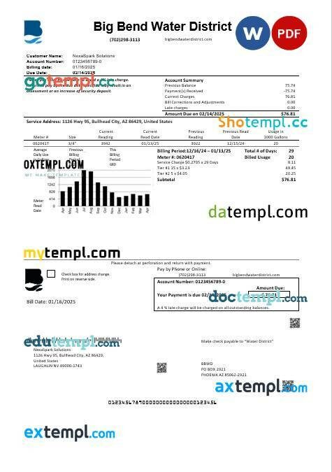 USA Nevada Big Bend Water District business utility bill template in ...