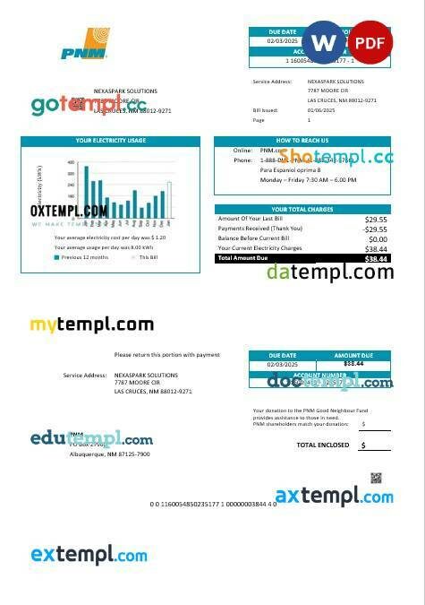 USA New Mexico PNM easy fillable business utility bill template in Word ...