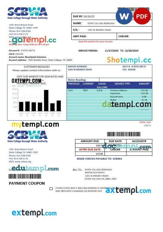 USA Pennsylvania SCBWA water business utility bill template in Word and ...