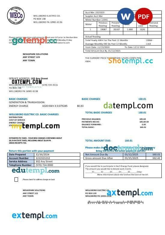 USA Pennsylvania Wellsboro Electric business utility bill template in ...