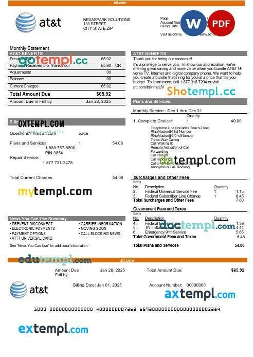 USA Texas AT&T telecommunications business utility bill template in ...