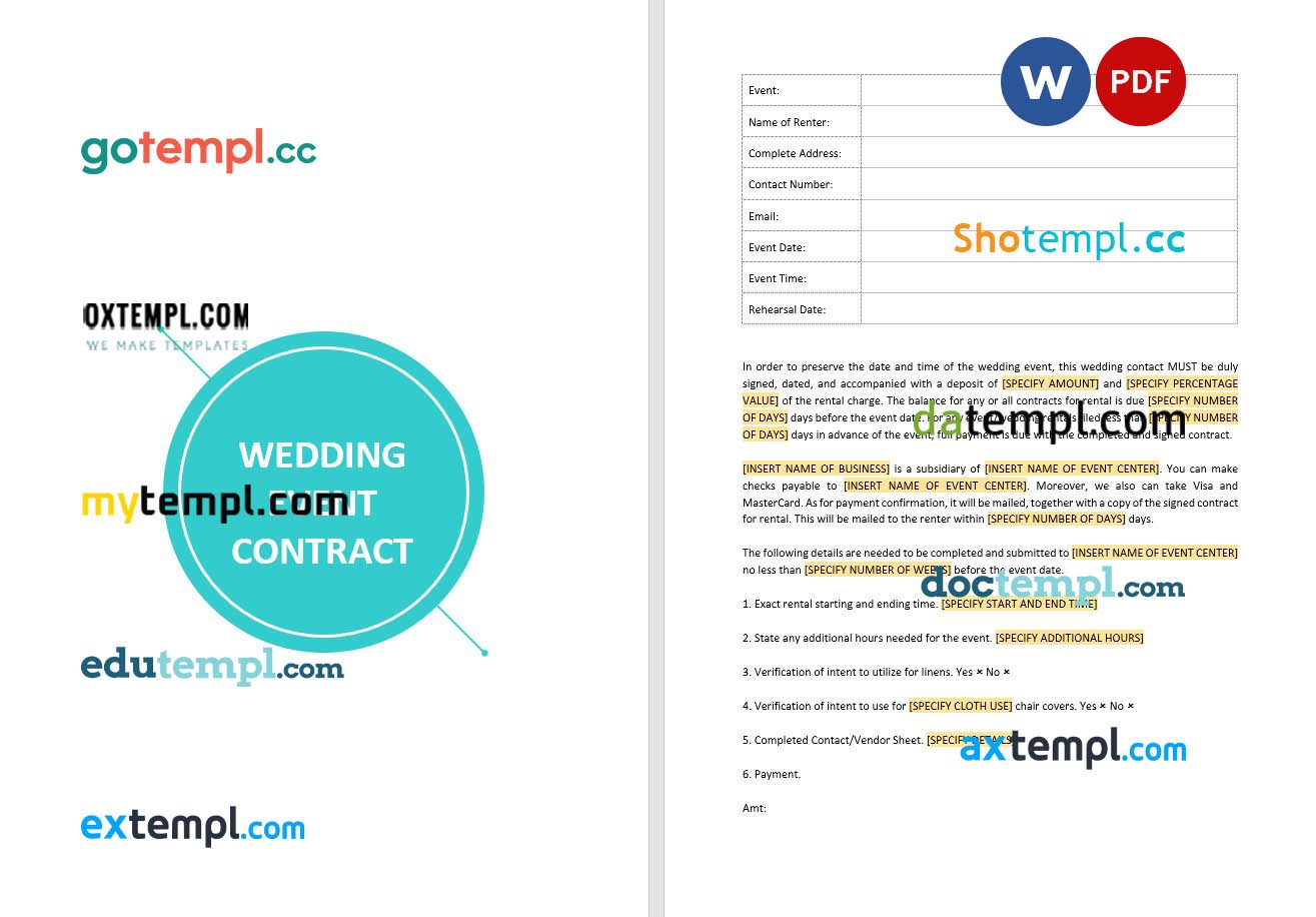 free download wedding event contract example, Word and PDF format