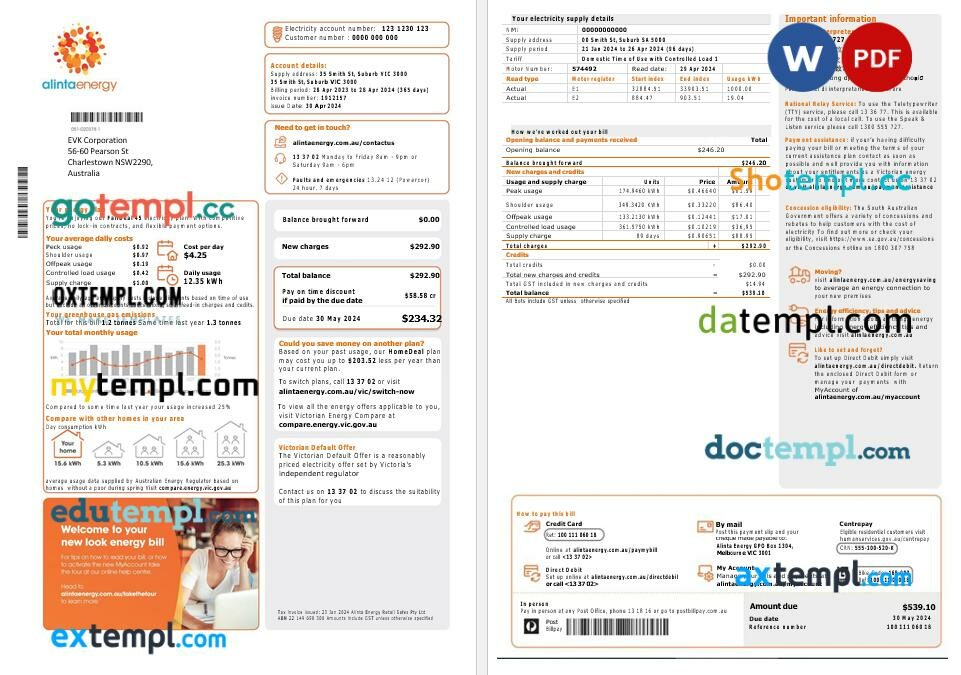 Australia Alinta Energy electricity business utility bill template in ...