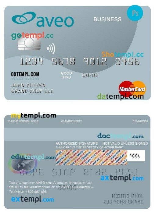 Australia Aveo bank business mastercard template in PSD format