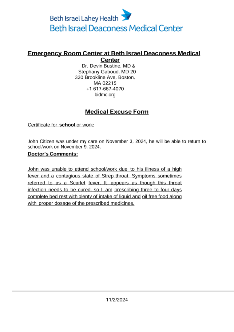 Beth Israel Deaconess Medical Center medical excuse template in Word ...