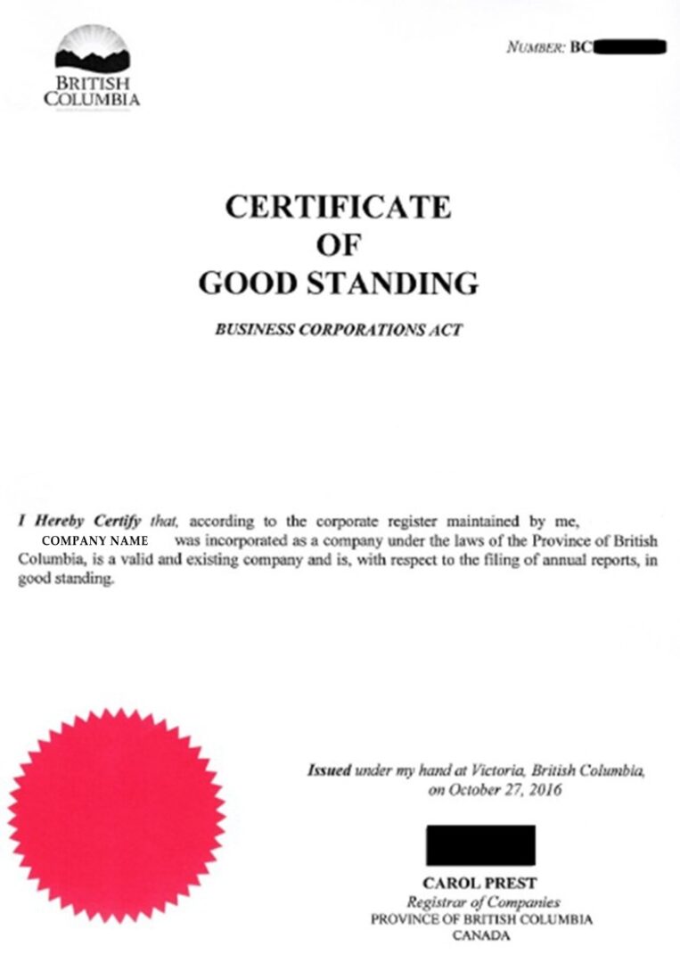 Columbia Certificate of Good Standing PSD template