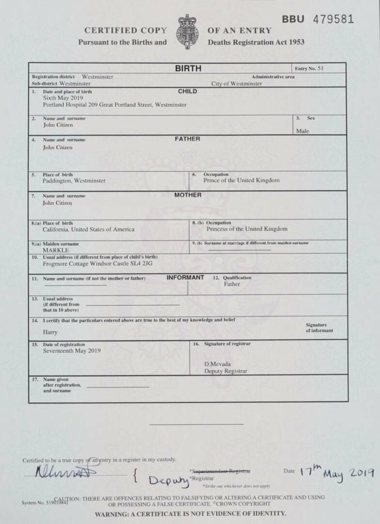 England Births and Deaths Registration birth certificate template in PSD format
