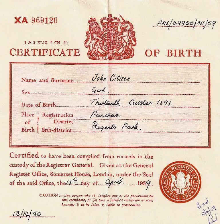 England Register office of London birth certificate template in PSD format