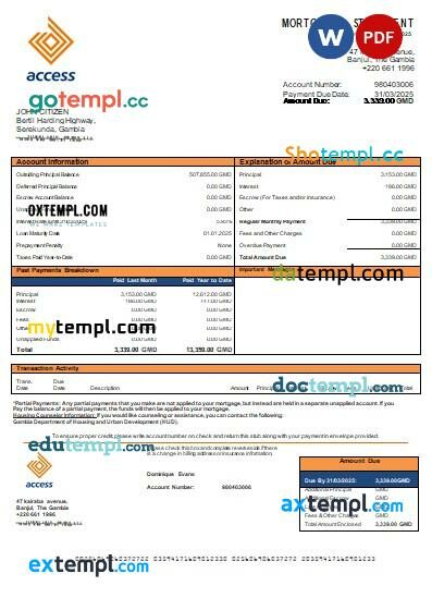 Gambia Access bank mortgage statement, editable template in PDF and Word