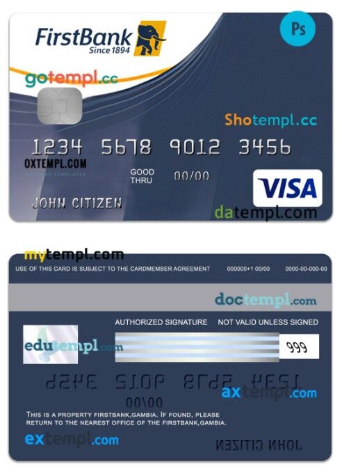Gambia FirstBank visa credit card template in PSD format