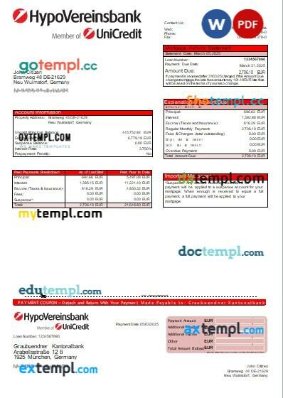 Germany HypoVereinsbank bank mortgage statement, editable template in PDF and Word