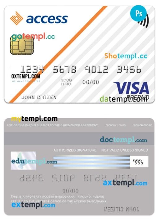 Ghana Access Bank visa prepaid card template in PSD format