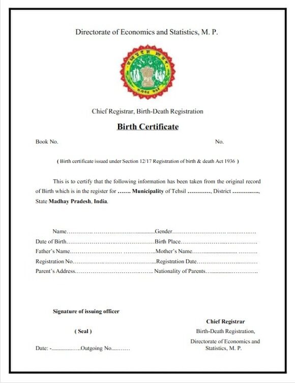 India Birth-Death registration birth certificate template in PSD format