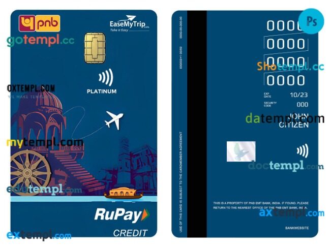 India PNB EMT Bank RuPay platinum credit vertical card template in PSD ...