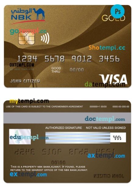 Kuwait NBK Bank visa gold credit card template in PSD format