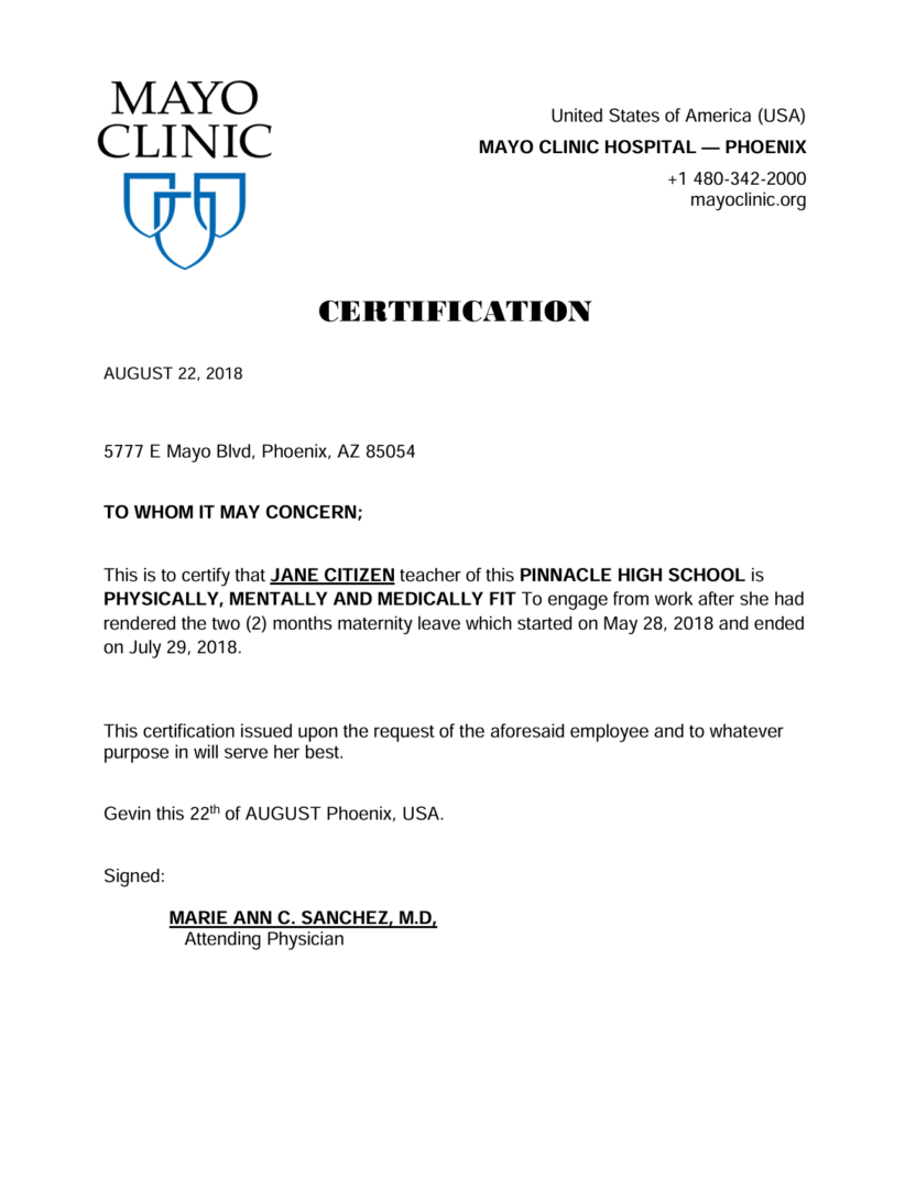 Mayo Clinic Phoenix Certification Template In Word And Pdf Formats