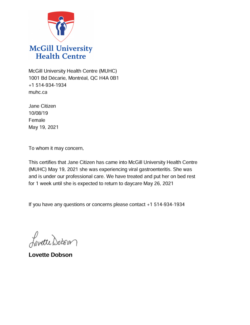McGill University Health Centre (MUHC) doctor note template in Word and ...