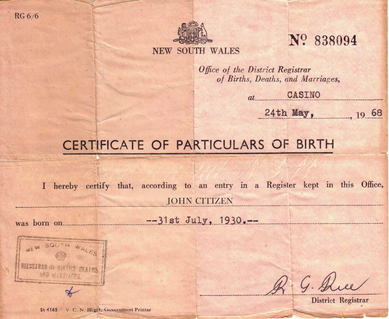 New South Wales Office of the District Registrar birth certificate ...