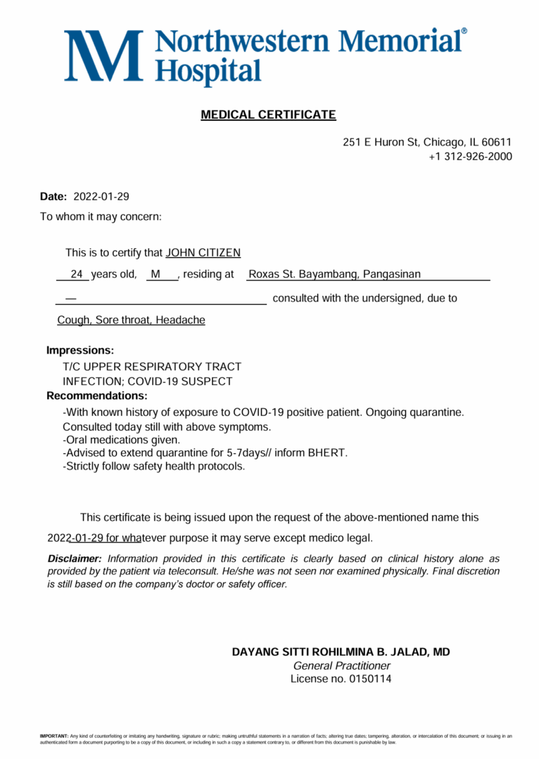 Northwestern Memorial Hospital medical certificate template in Word and ...