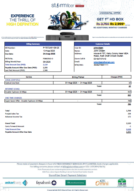 Pakistan StormFiber utility bill template in Word and PDF formats