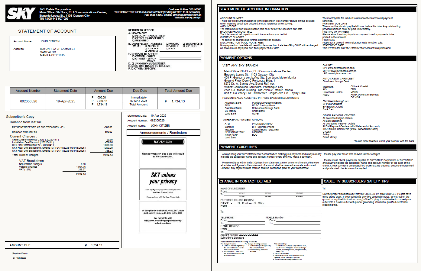 Philippines Sky Cable Corporation utility bill template in Word and PDF ...