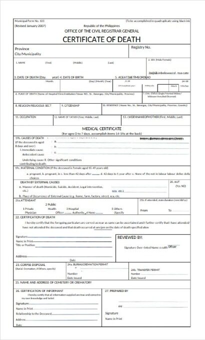Philippines office of the Civil Registrar general death certificate ...