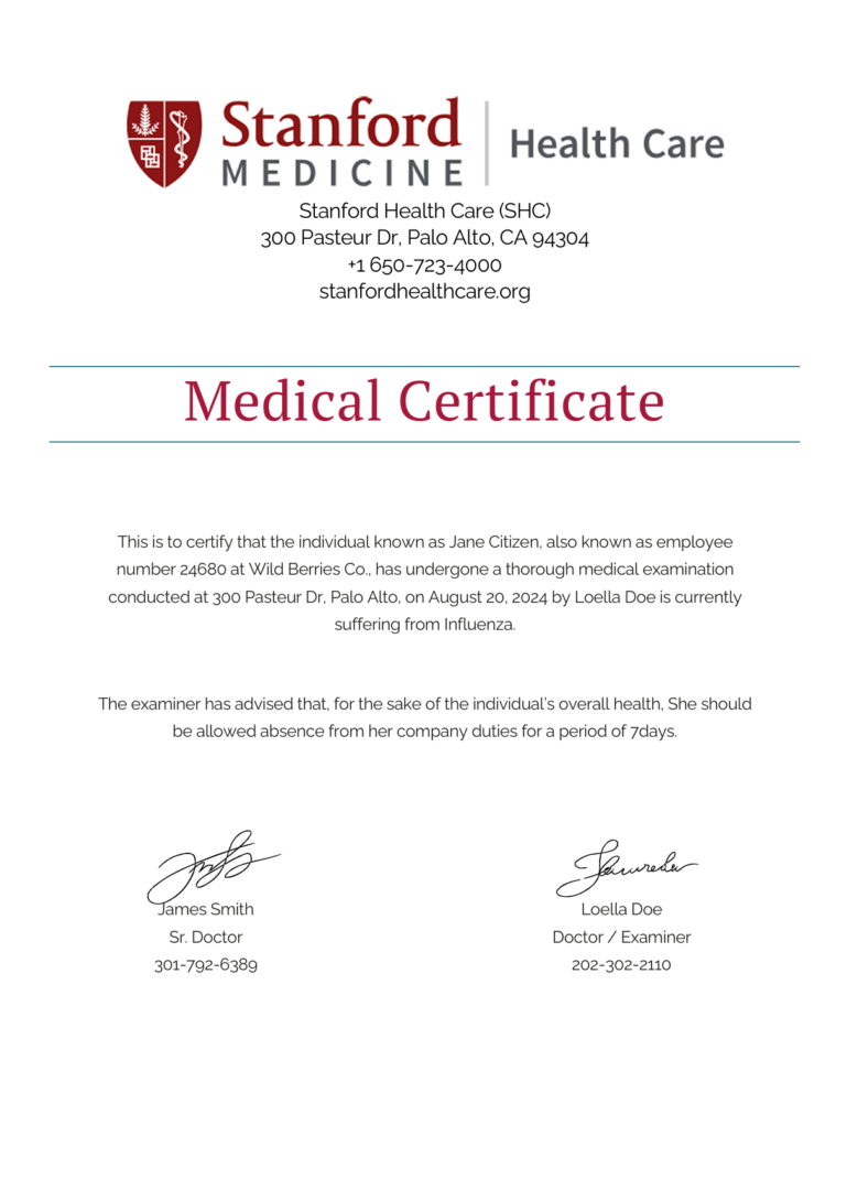 Stanford Health Care - Stanford Hospital medical certificate template ...
