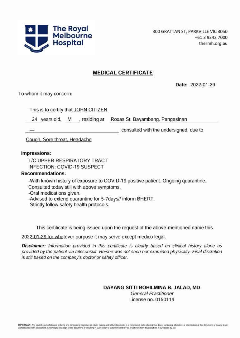The Royal Melbourne Hospital - Parkville medical certificate template ...