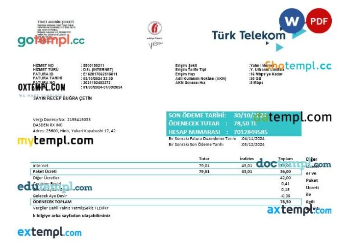 Turkey Turktelekom business utility bill template in Word and PDF ...