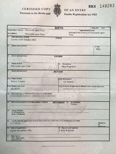 UK district of Newcastle upon Tyne certificate of birth template in PSD format