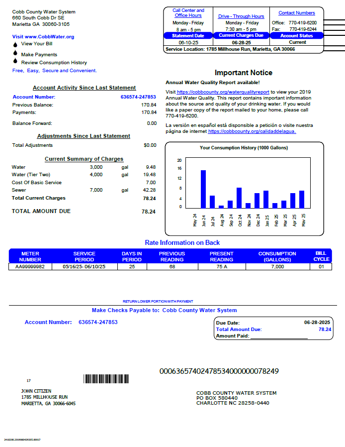 USA Cobb County Water System utility bill template in Word and PDF formats