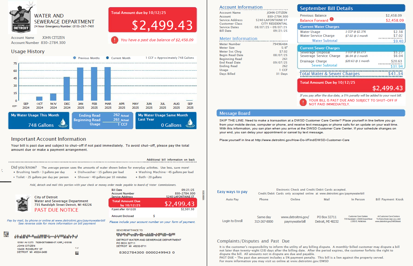 USA Detroit Water and Sewerage Department utility bill template in Word ...