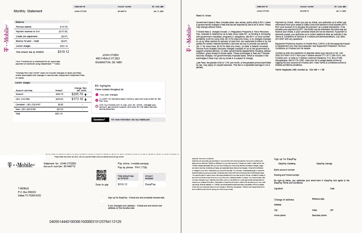 USA T-mobile utility bill template in Word and PDF formats, 2 pages ...