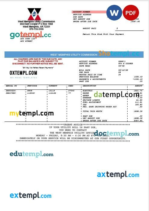 USA West Memphis business utility commission utility bill Word and PDF ...