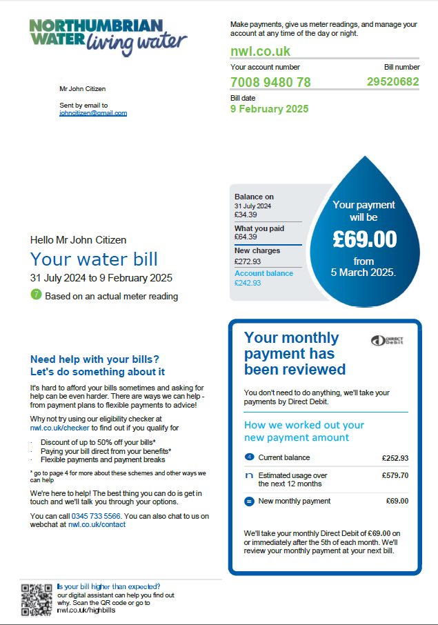 United Kingdom Northumbrian Water utility bill template in Word and PDF ...