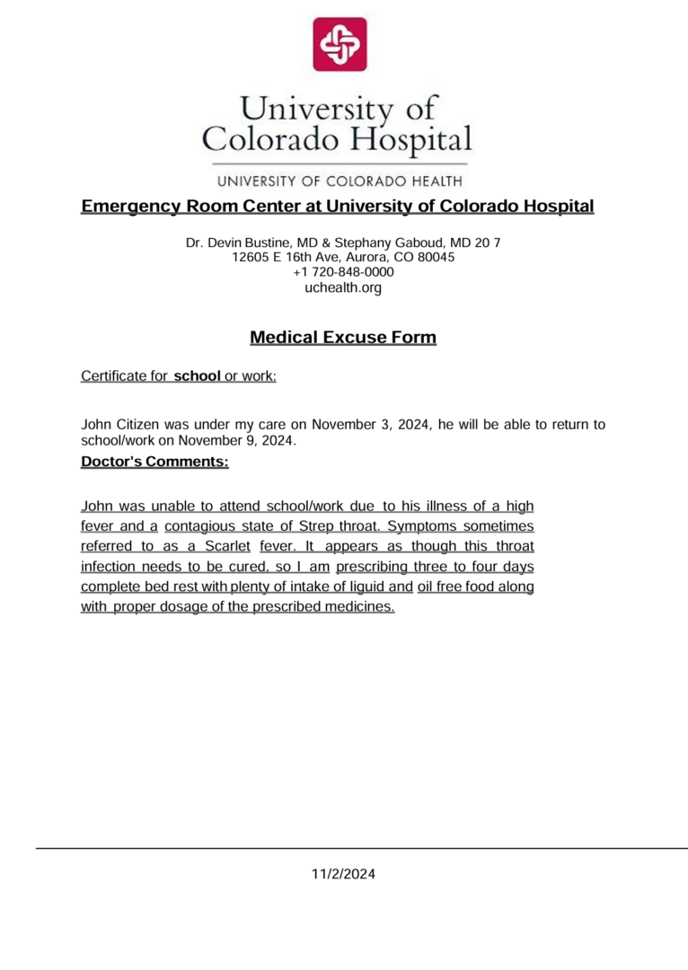 University of Colorado Hospital medical excuse template in Word and PDF ...